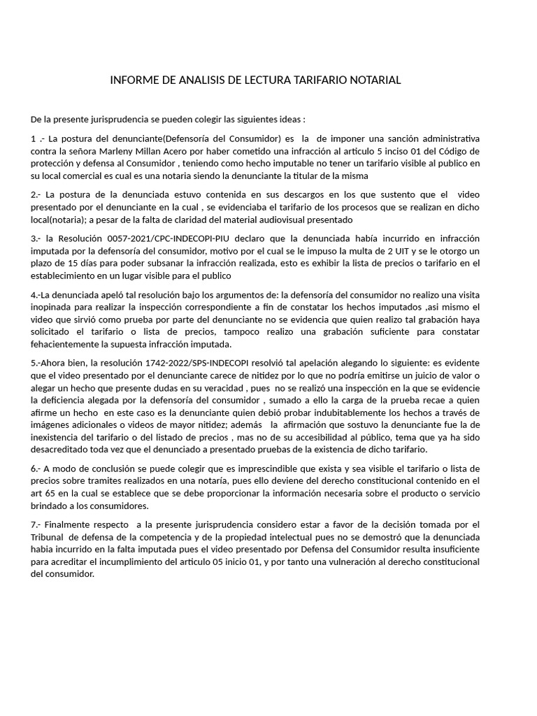 Informe de Analisis de Lectura Tarifario Notarial | PDF | Los ...