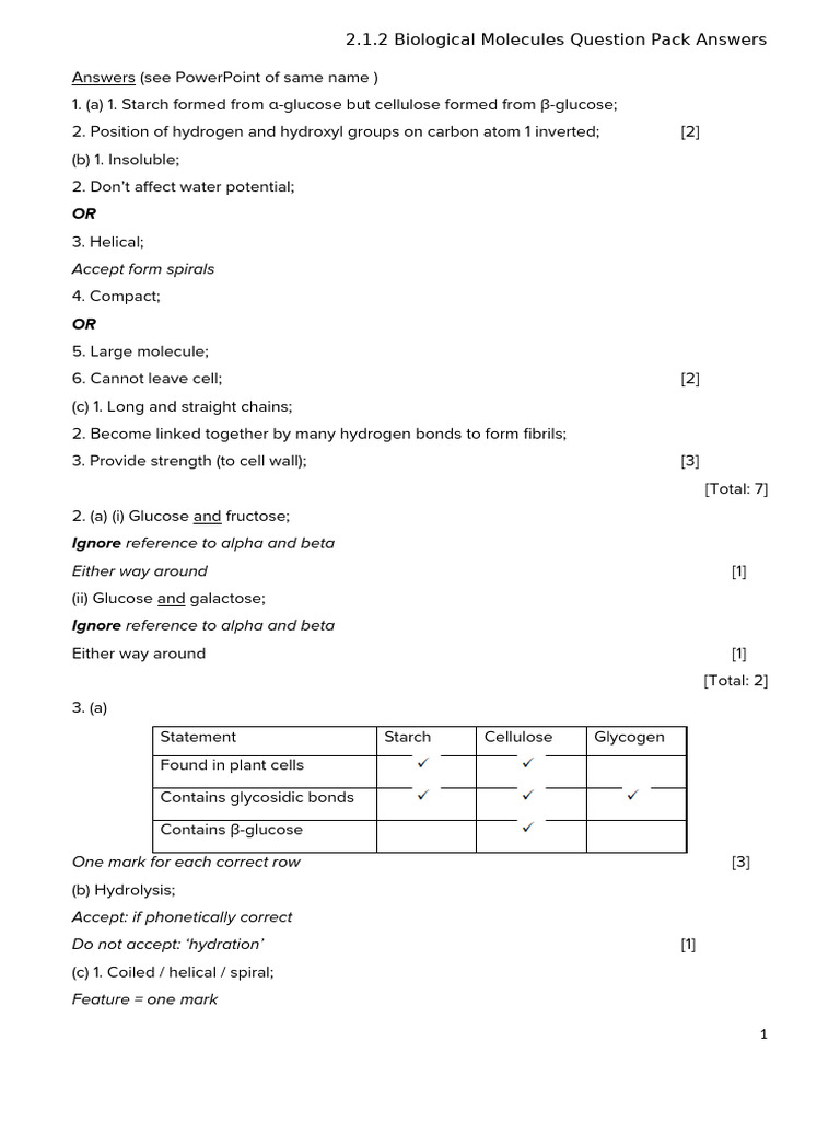 Copy of 2.1.2 Biological Molecules Question Pack Answers 2015 | PDF ...