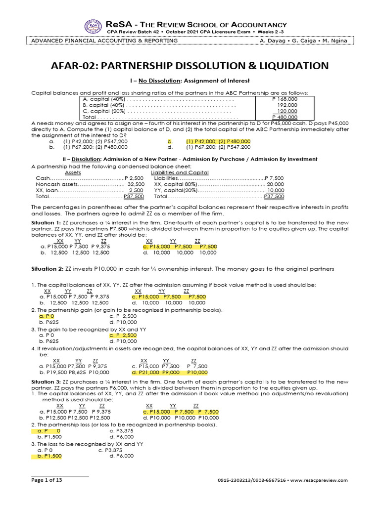 AFAR 02 Partnership Dissolution Liquidation | PDF | Balance Sheet | Book Value