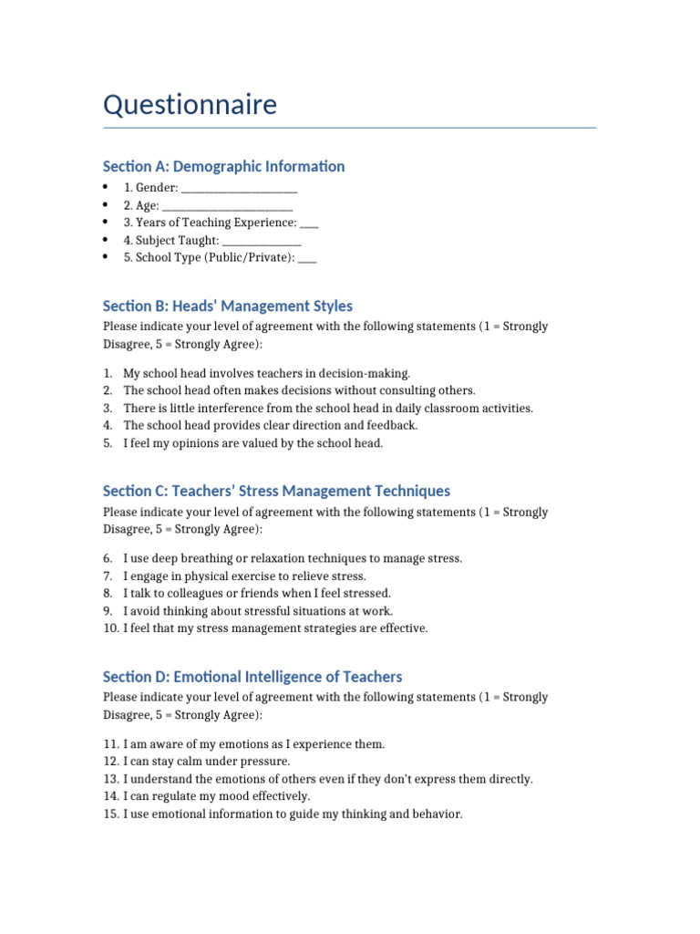 Questionnaire Heads Management Styles Stress Emotional Intelligence | PDF