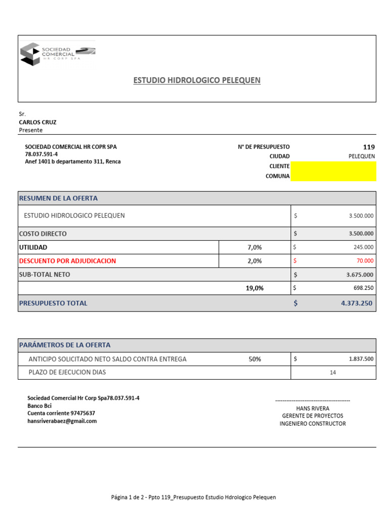 Ppto 119 - Presupuesto Estudio Hdrologico Pelequen | PDF
