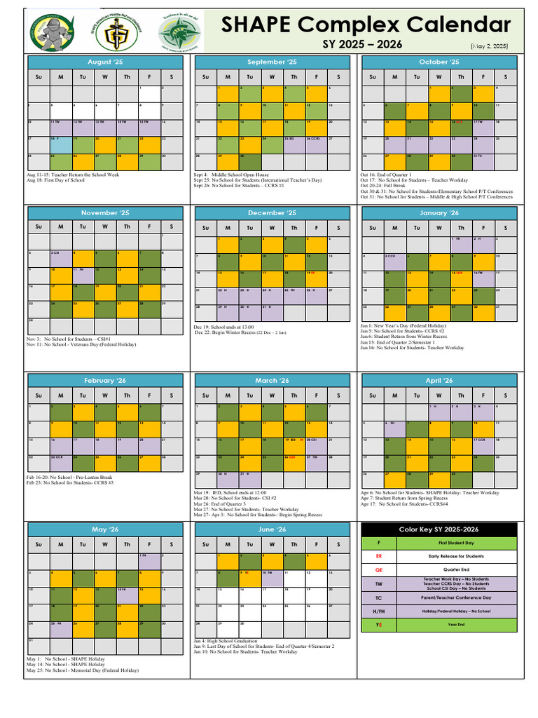 SHAPE School Calendar 2025-2026 | PDF