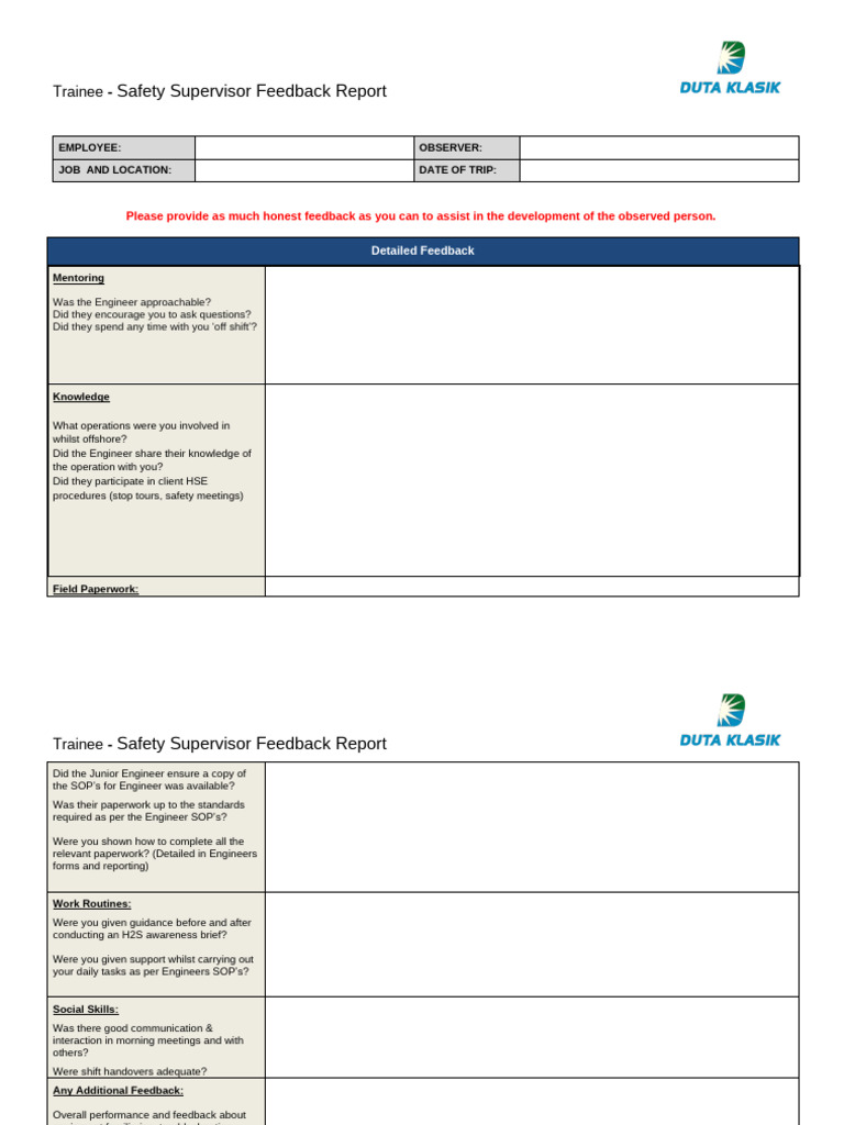 Trainee - Safety Supervisor Feedback Report | PDF