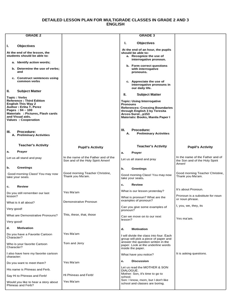 Detailed Lesson Plan For Multigrade Classes in Grade 2 and 3 1 | PDF | Pronoun | English Language