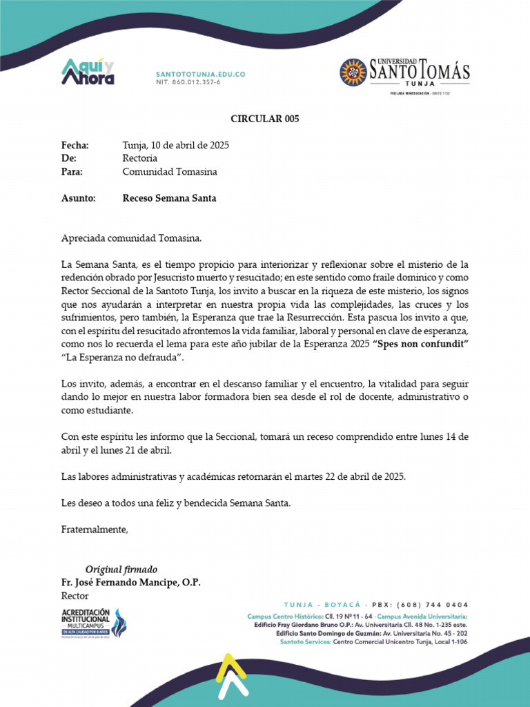 Circular 005 Semana Santa 2025 | PDF