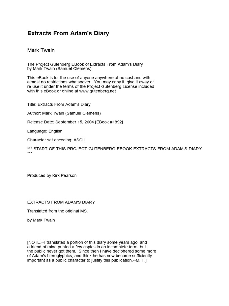 Extracts From Adam's Diary - Mark Twain | PDF | Project Gutenberg ...