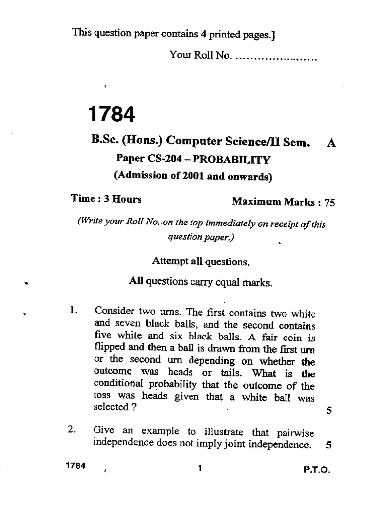B.SC. (HONS) COMPUTER SCIENCE II SEM PAPER CS 204 PROBABILITY | PDF