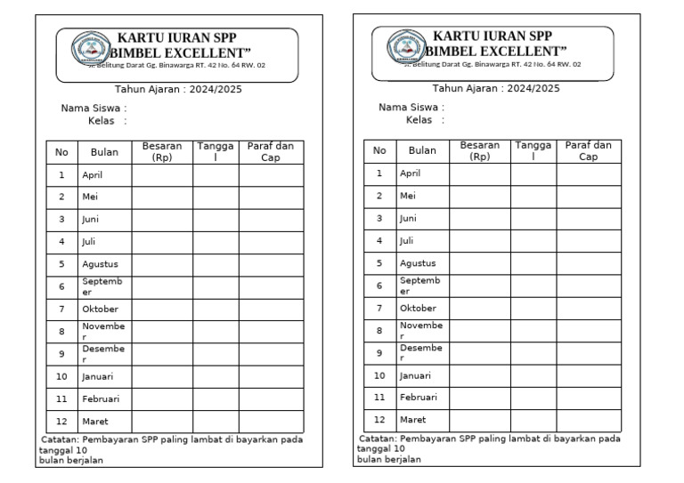 Kartu SPP Bimbel | PDF