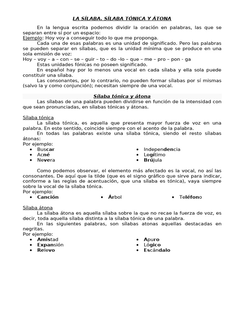 Sílaba Tónica y Átona en Español | PDF