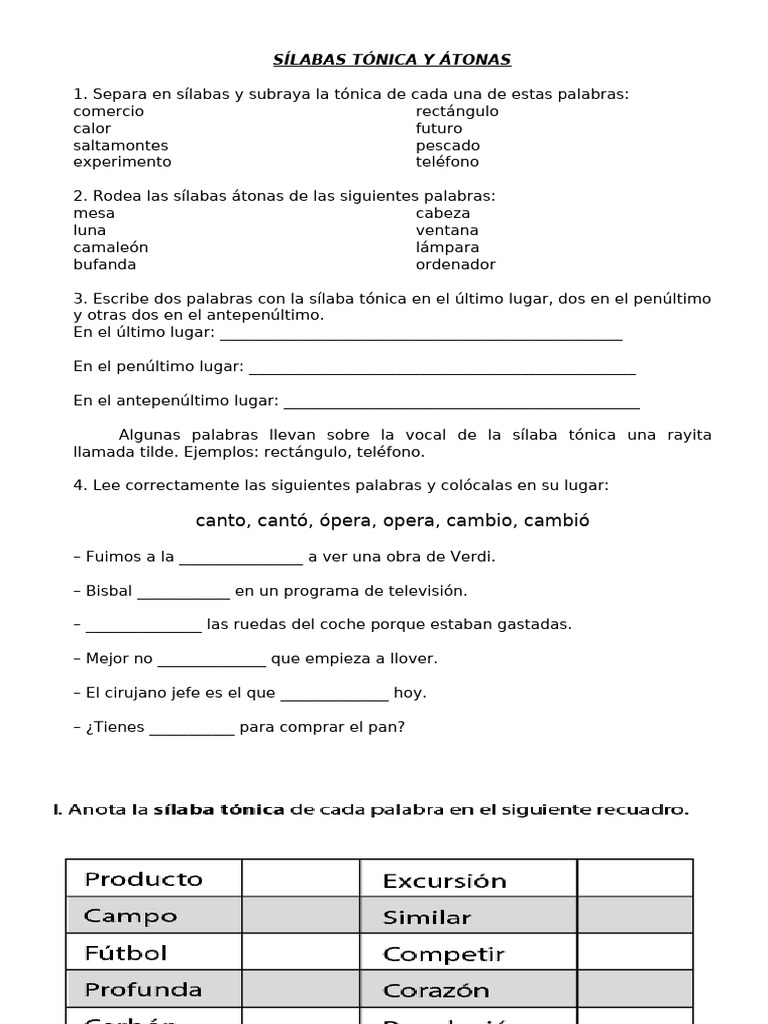 Ejercicios de Sílaba Tónica y Átona | PDF