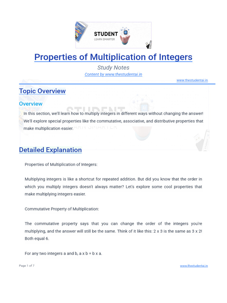 Properties of Multiplication of Integers Study Material | PDF ...