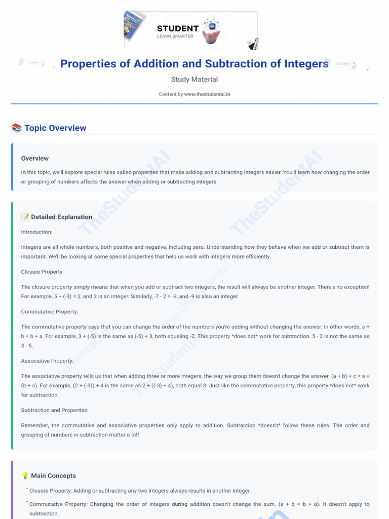 Properties of Addition and Subtraction of Integers Study Material | PDF