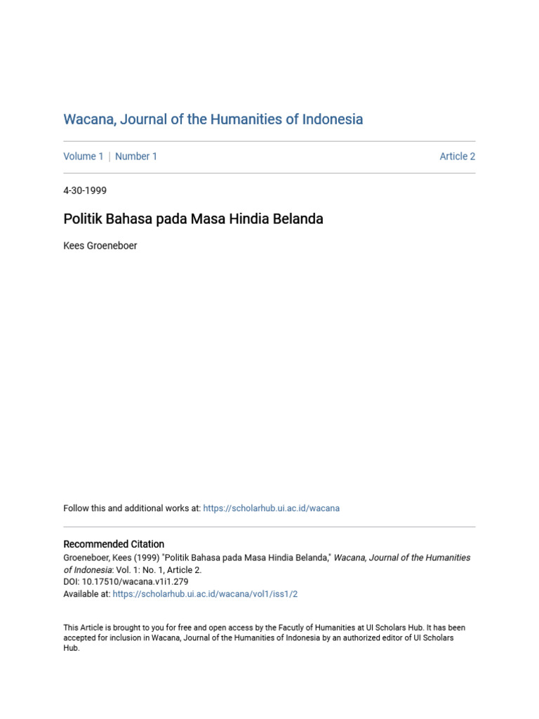 Kees Groeneboer - Politik Bahasa pada Masa Hindia Belanda [draft] | PDF