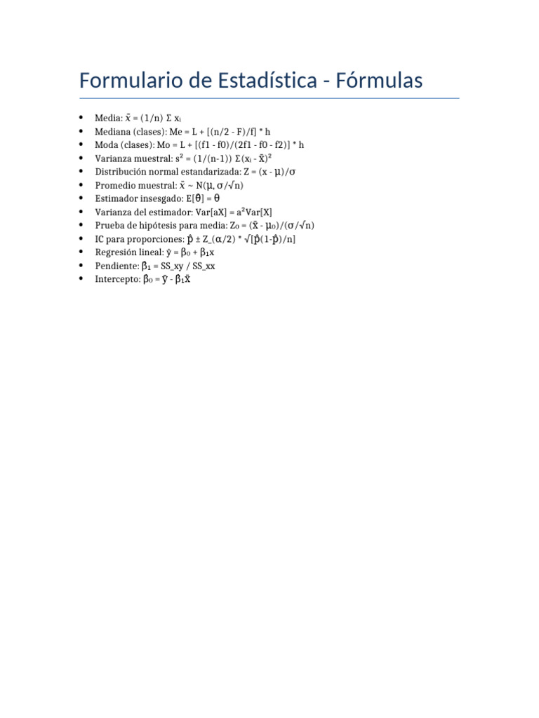 Formulario Formulas Estadistica | PDF