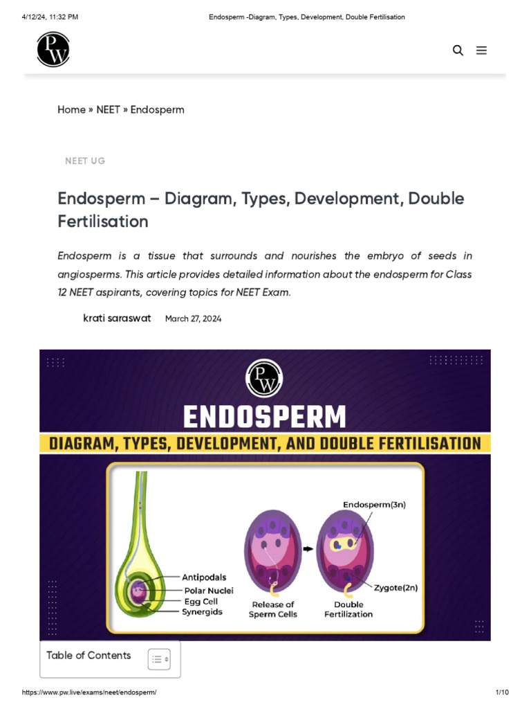 Endosperm - Diagram, Types, Development, Double Fertilisation | PDF ...
