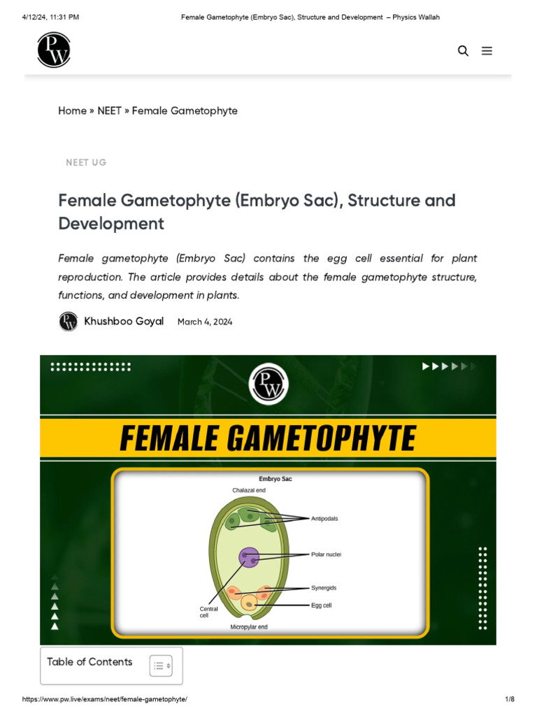 Female Gametophyte (Embryo Sac), Structure and Development - Physics ...