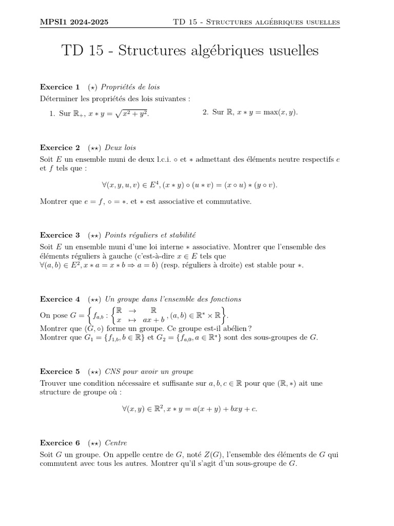 Structures algébriques en MPSI1 2024-2025 | PDF | Anneau (mathématiques ...