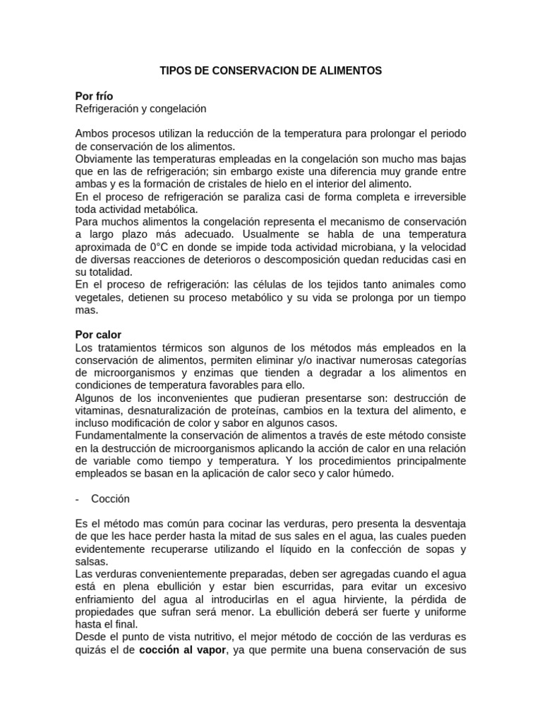 TIPOS DE CONSERVACION DE ALIMENTOS | PDF | Conservación de los alimentos | Cocinando