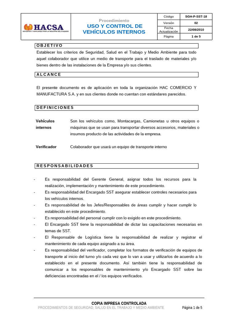 SGH-P-SST-18 - Procedimiento de Uso de Transporte Interno | PDF ...