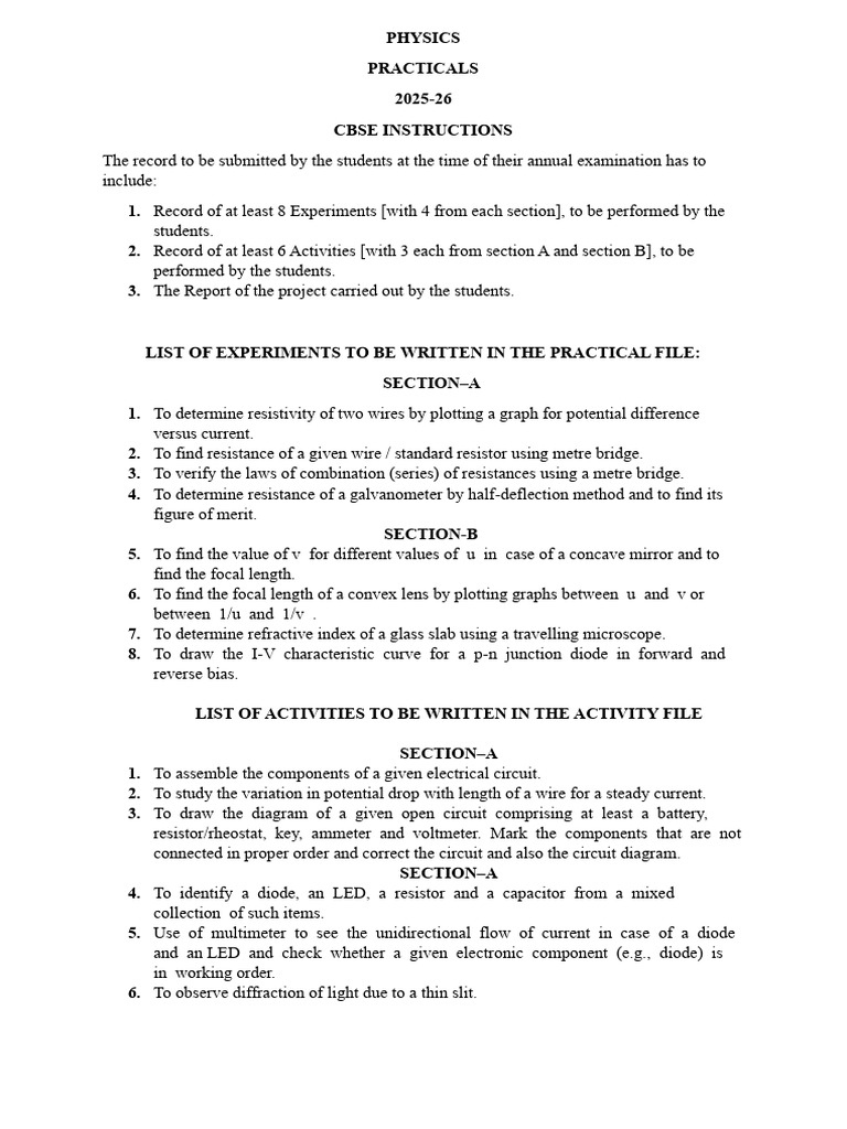 S7 A - Physics Practicals List - 2025-26 | PDF | Diode | Electrical Network