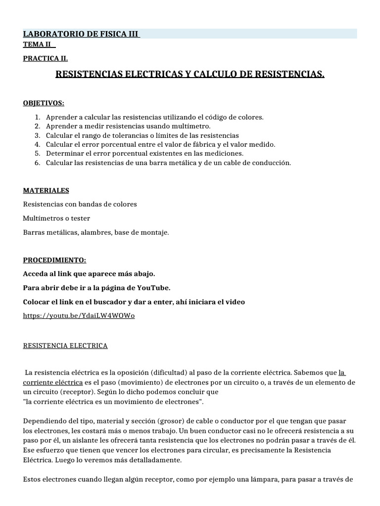 Practica 2 - Resistencia y Resistividad - Reformada | PDF | Resistencia Eléctrica y Conductancia ...