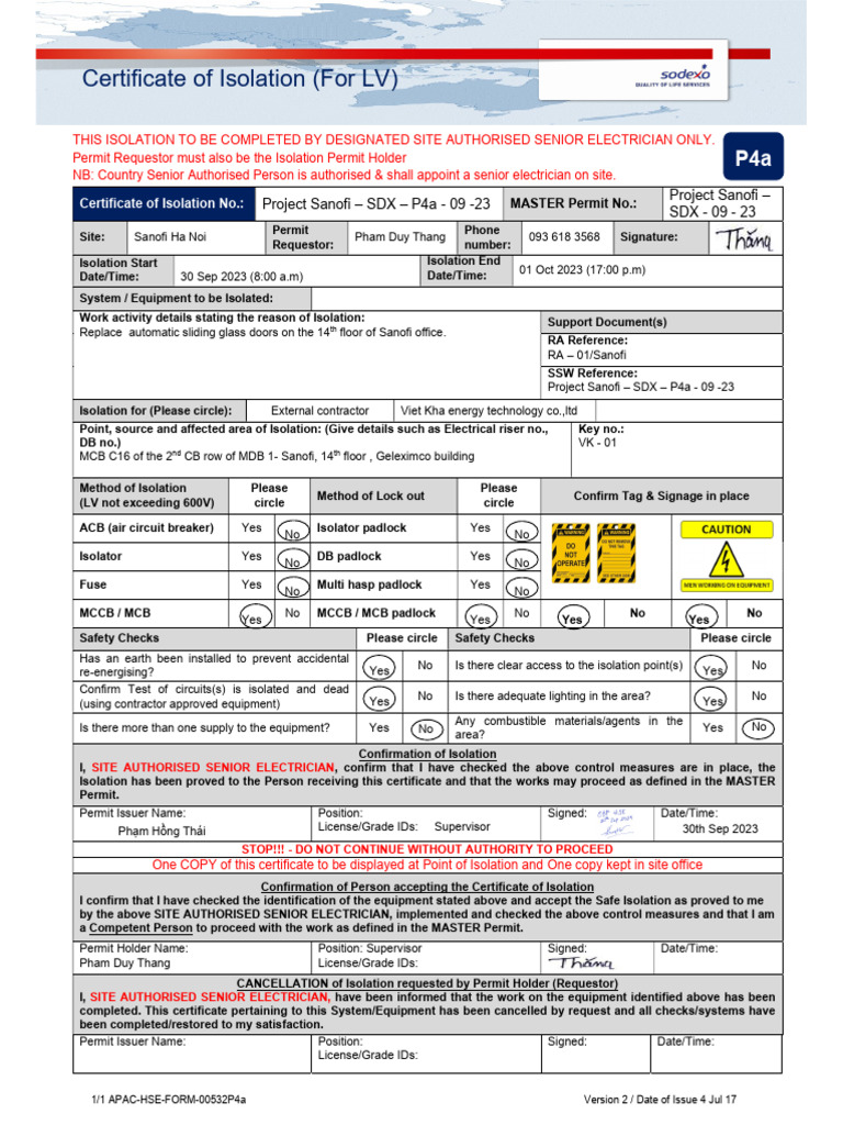 APC-HSE-FORM-00532P4a Certificate of Isolation Form-Signed 30 Sep 2023 ...
