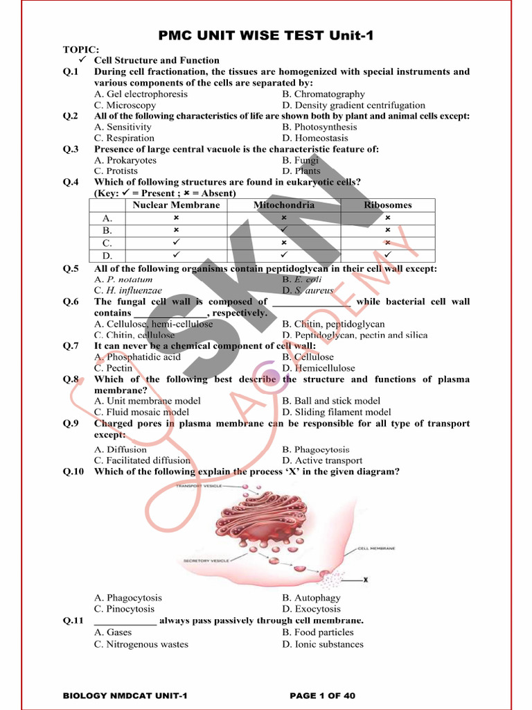 Cell Structure and Funcation 600 Mcqs Worksheet 2021 by SKN | PDF