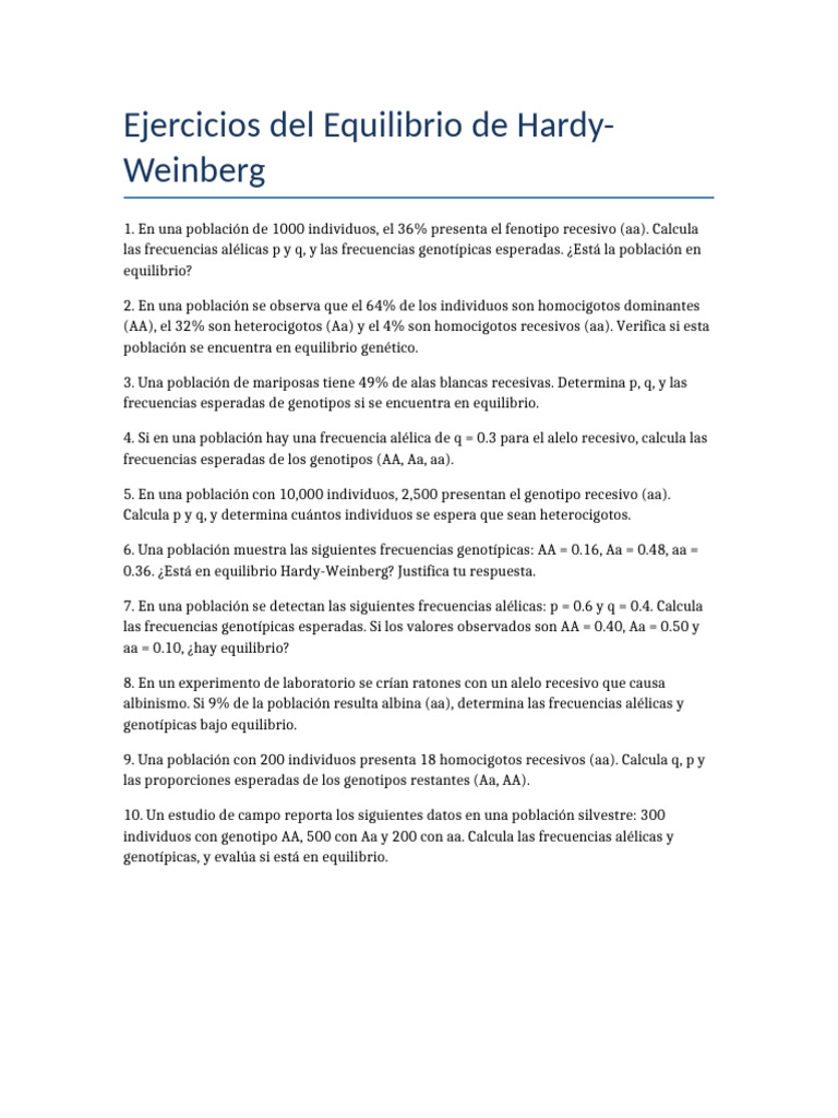 Ejercicios Sobre Equilibrio De Hardy Weinberg Pdf
