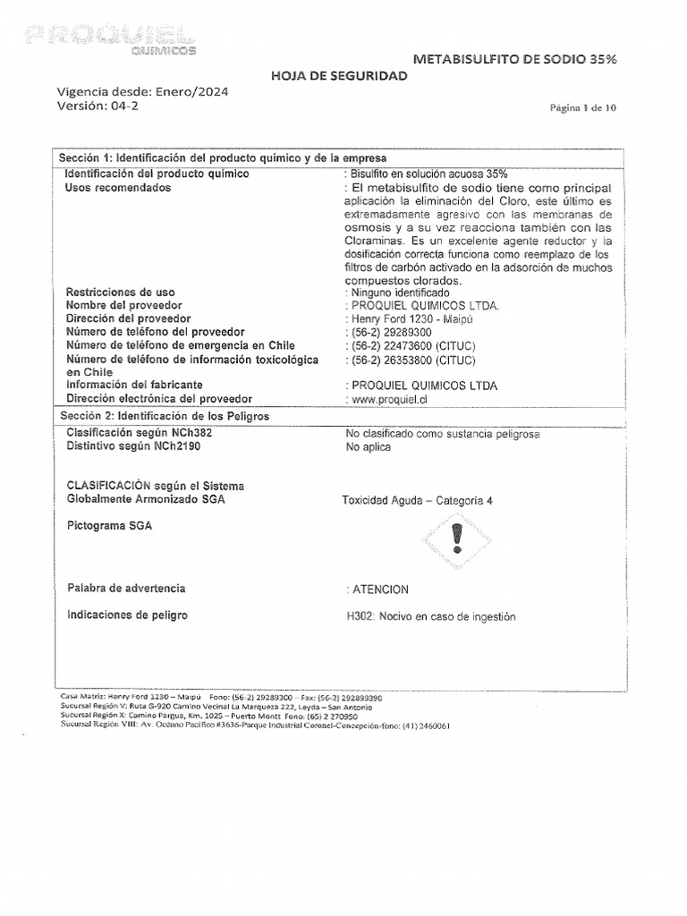 HOJA DE SEGURIDAD PROQUIEL SPA BISULFITO SODICO (NaHSO3) | PDF