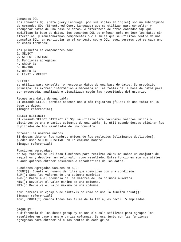 Comandos DQL en SQL: Guía Esencial | PDF | SQL | Bases de datos