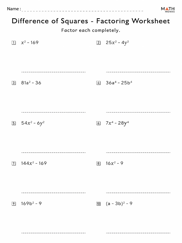 Difference of Squares Factoring Worksheet | PDF