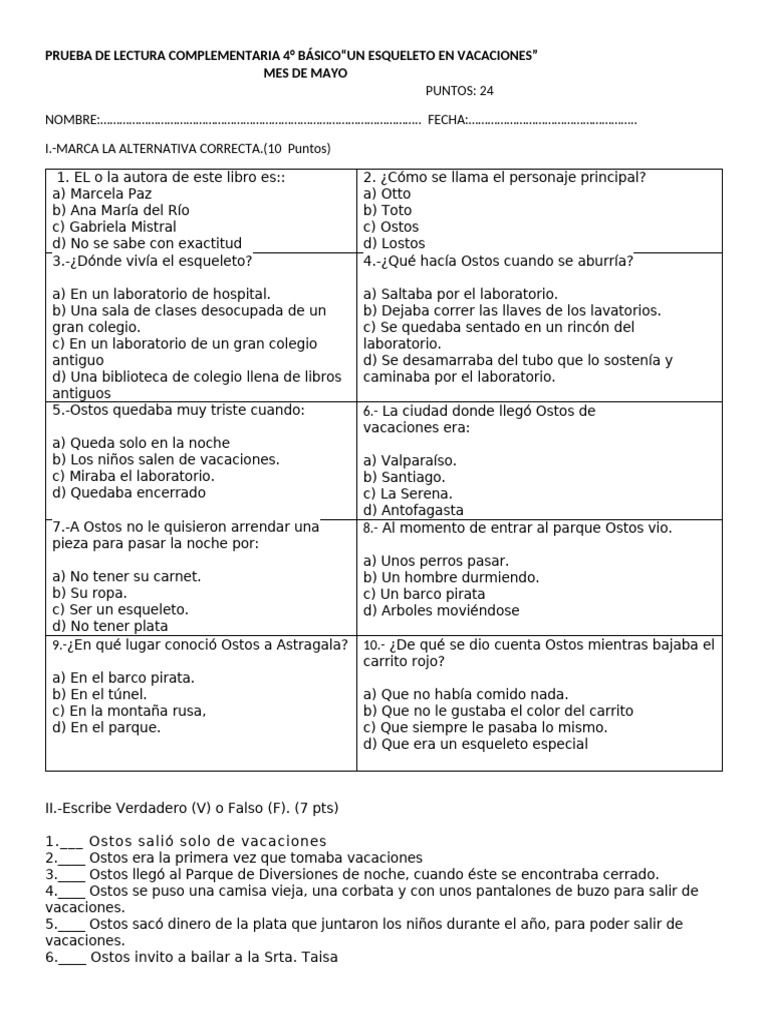 PRUEBA DE LECTURA COMPLEMENTARIA 4° AÑO | PDF