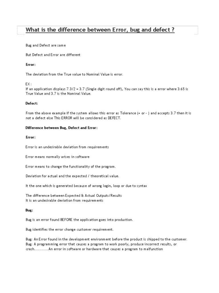 What Is The Difference Between Error, Bug and Defect ? | PDF | Software ...
