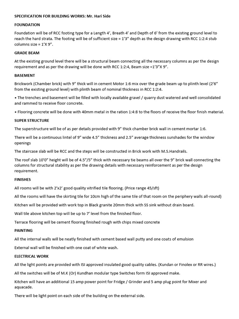 Building Works Specification Document | PDF | Brick | Concrete