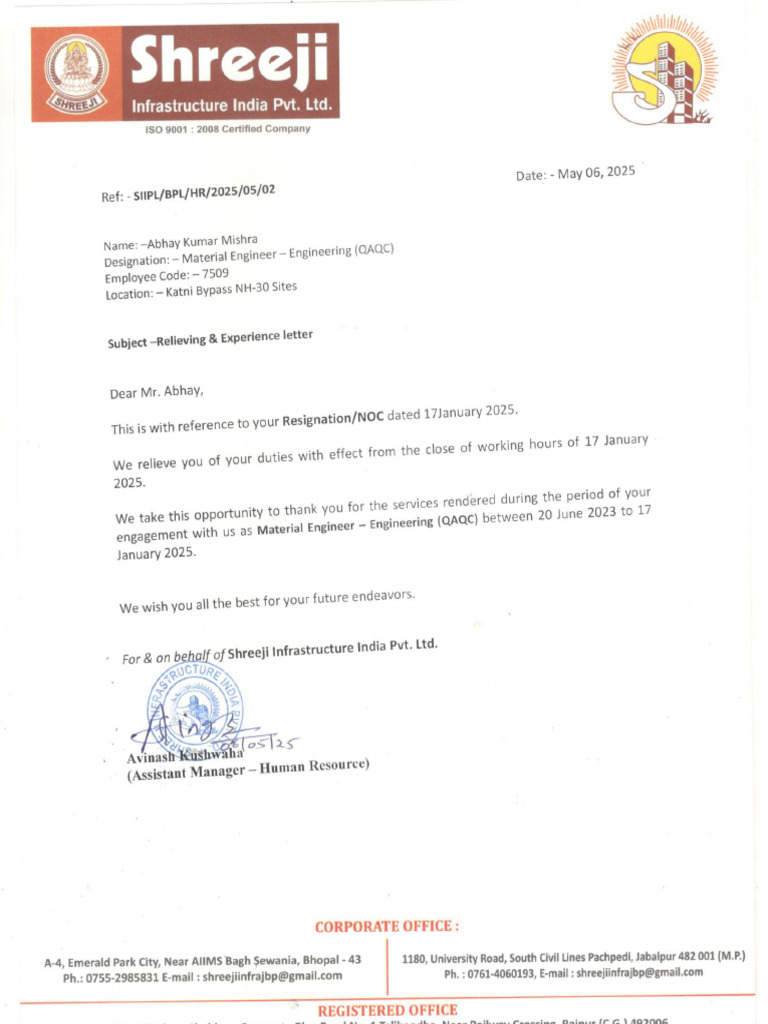 Relieving Cum Experience Letter of Mr. Abhay Kumar Mishra, E.id - 7509 ...