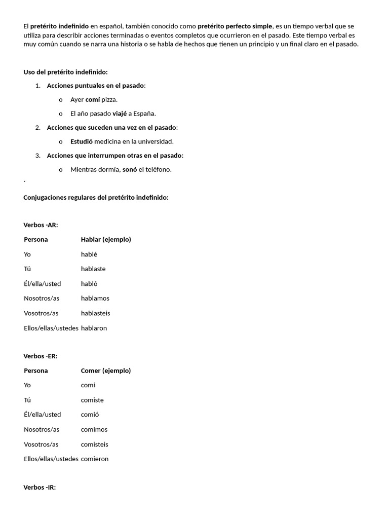 Uso y conjugación del pretérito indefinido | PDF | Verbo | Conjugación ...