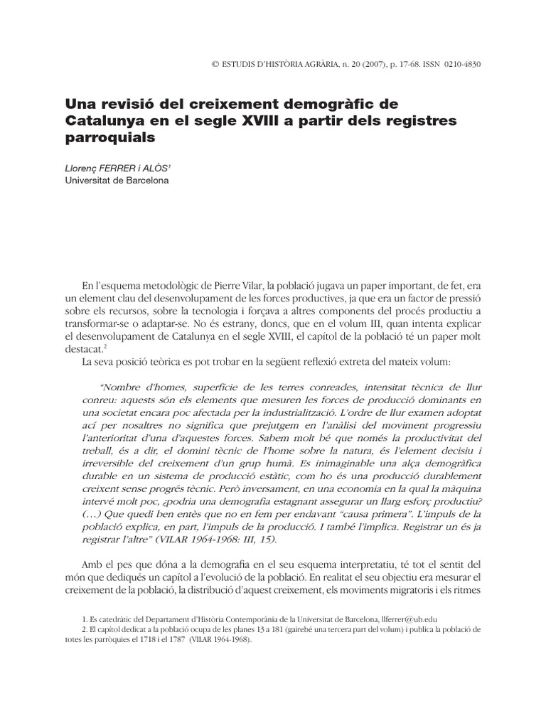 Article Creixement Demog Cat Segle XVIII, 2007 | PDF
