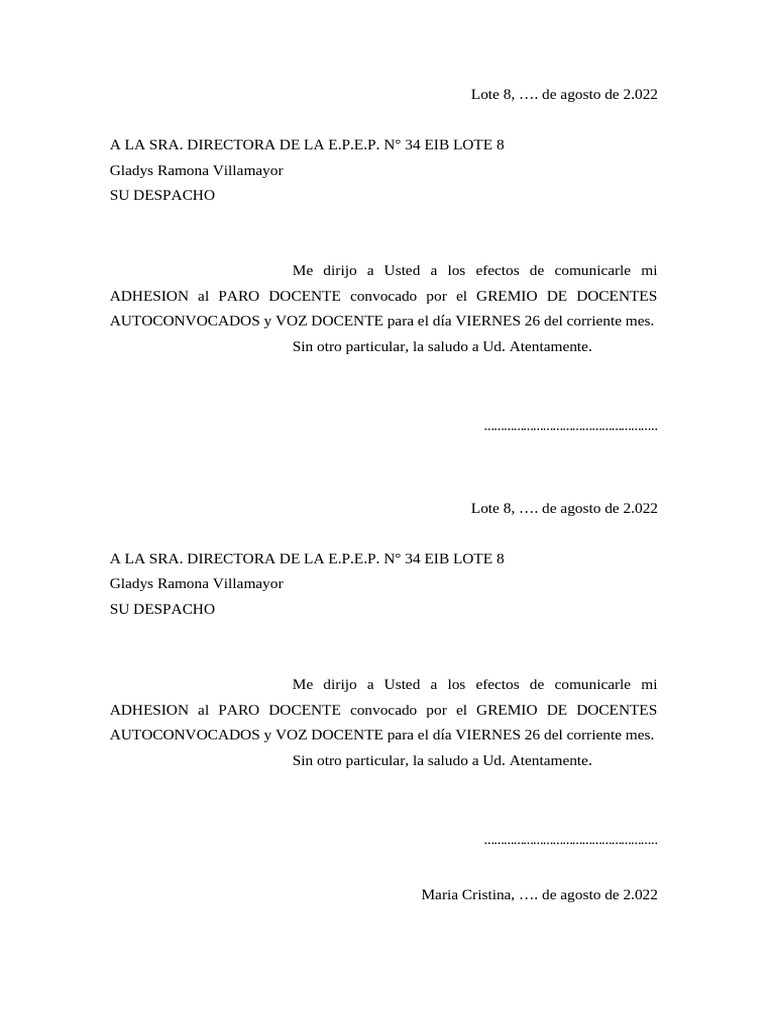 Nota de Adhesión al Paro Docente | PDF
