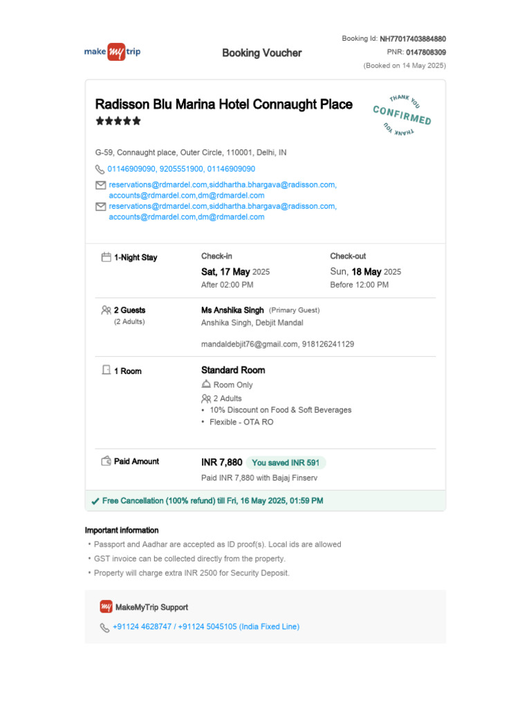 Radisson Blu Booking Confirmation | PDF