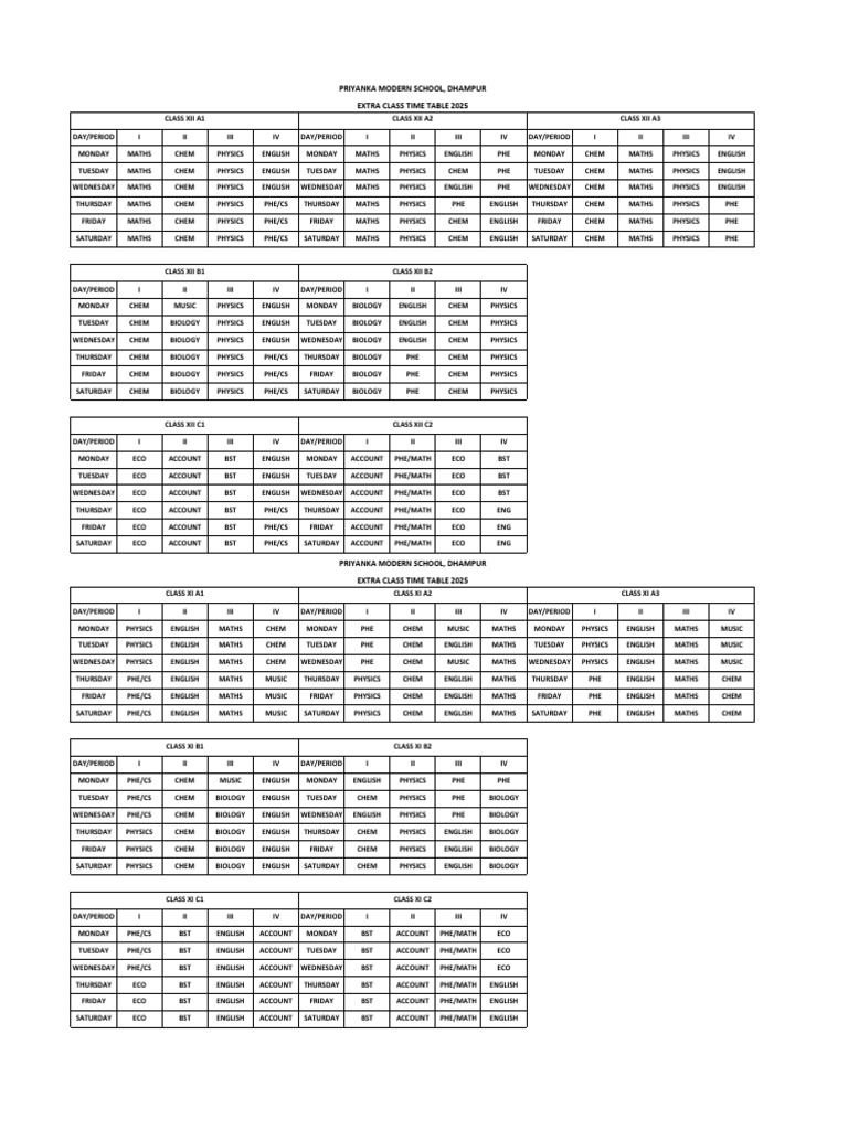 Extra Class Time Table 2025 Ii | PDF