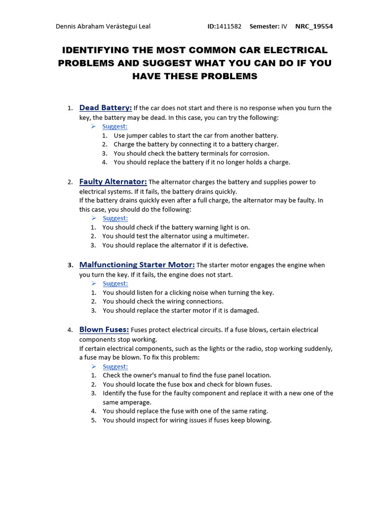 Common Car Electrical Issues & Fixes | PDF | Fuse (Electrical) | Vehicles