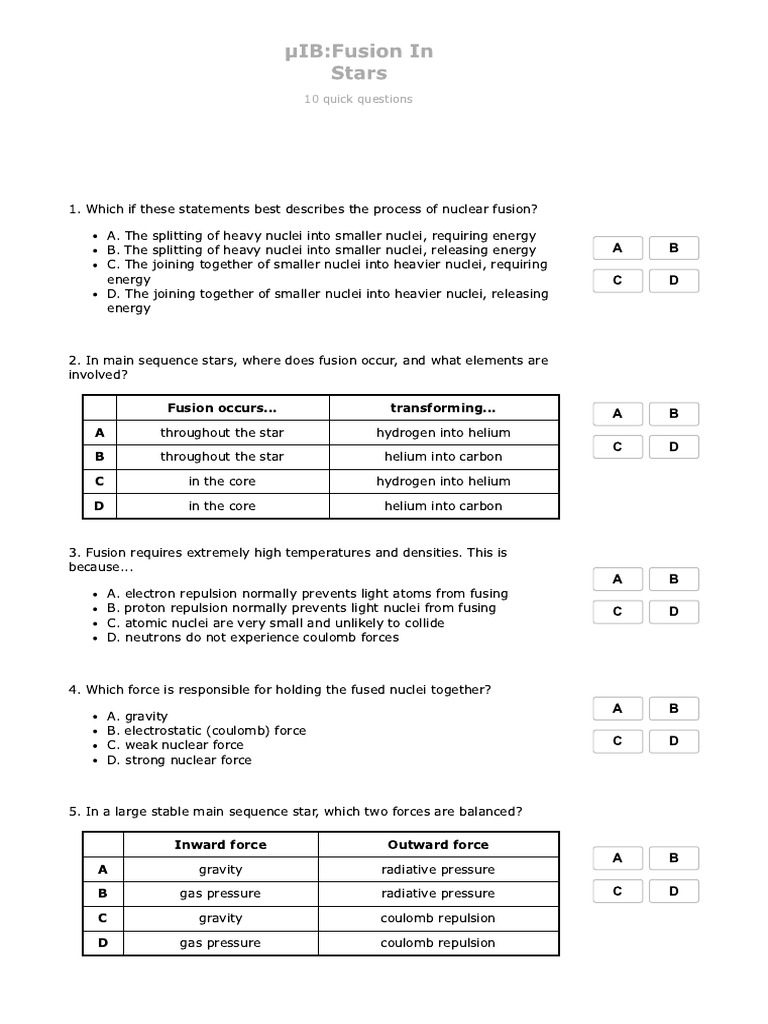 Fusion in Stars - IB Physics - Grade Gorilla | PDF