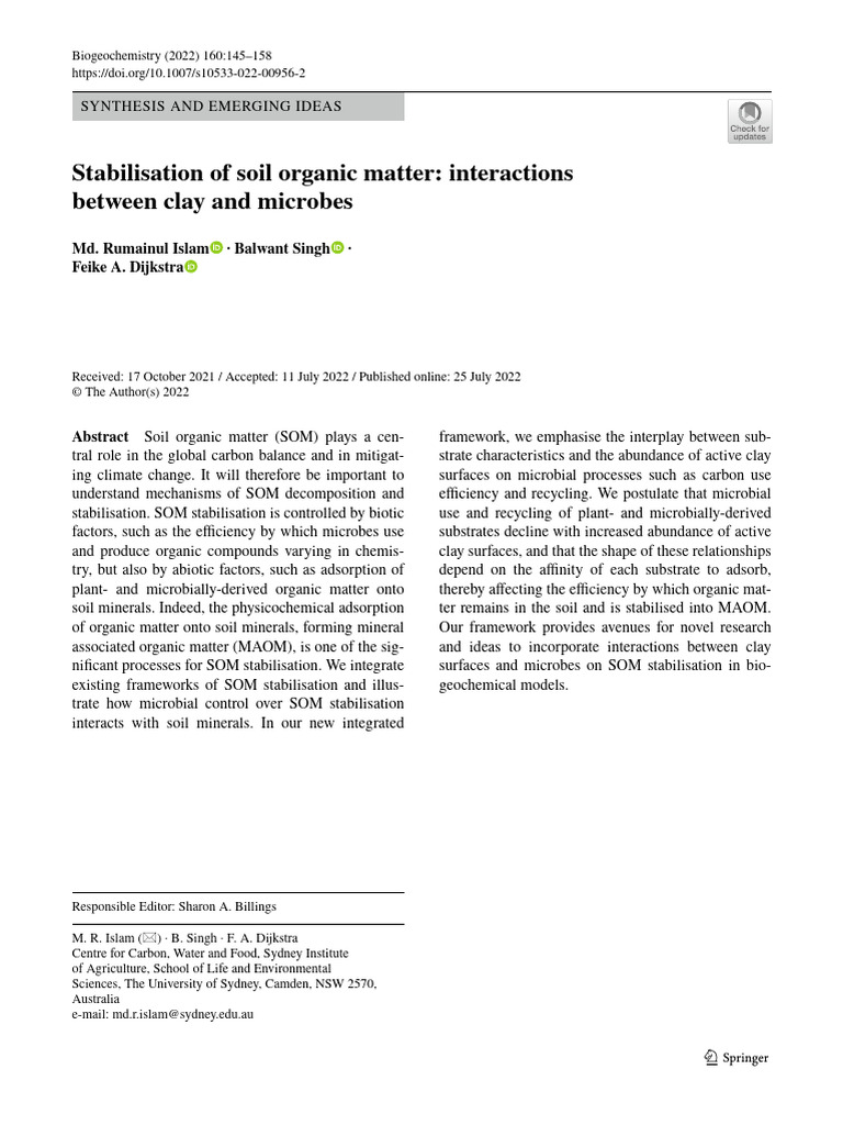 Rumainul Et Al, 2022 - Stabilisation of Soil Organic Matter Interactions Between Clay and ...