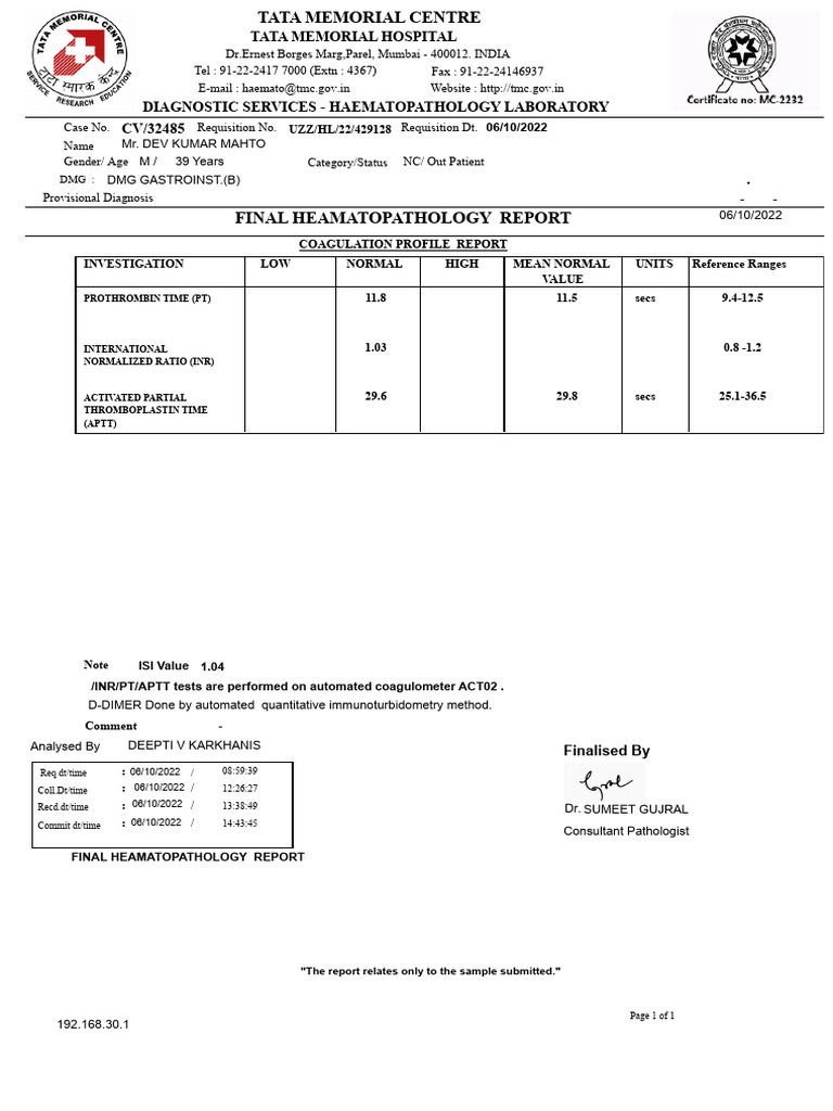 Coagulation Profile Report for Mr. Mahto | PDF | Medicine | Tests