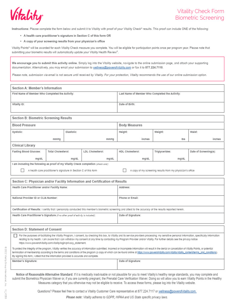 VitalityForm BiometricScreening | PDF | Cholesterol | Blood Pressure