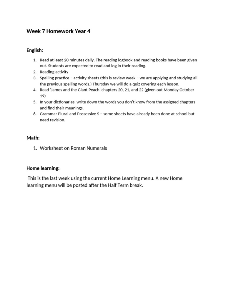 Week 7 Homework Year 4: English | PDF