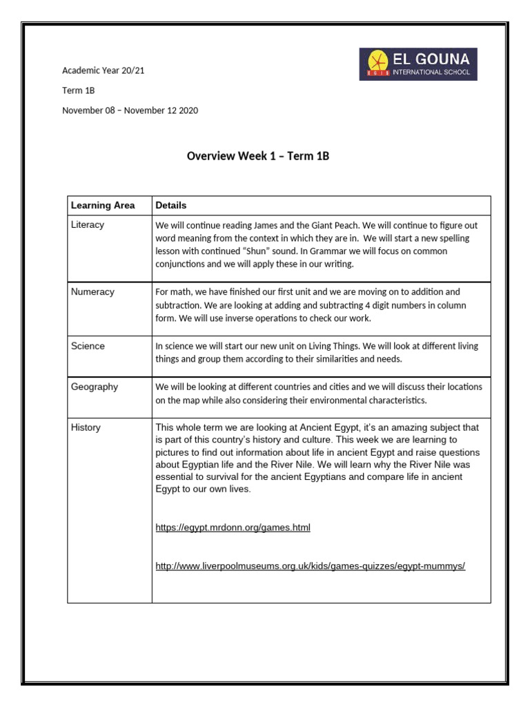 Overview Week 1 - Term 1B: Learning Area Details | PDF