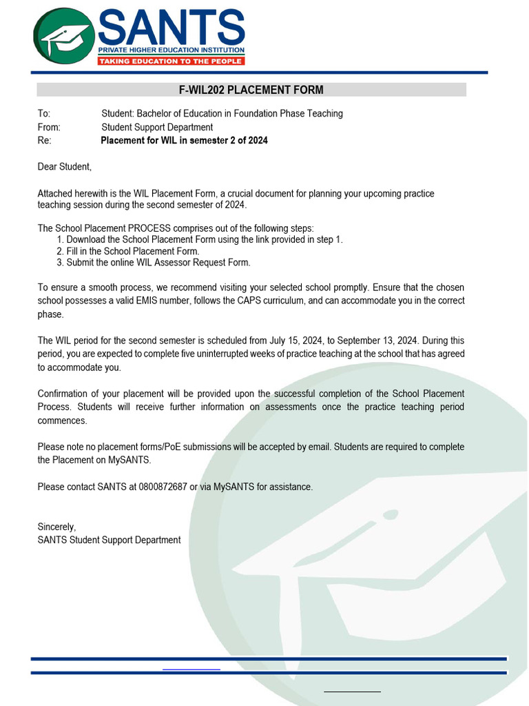 F Wil202 Placement Form - s2 | PDF | Teacher Education | Educational Stages