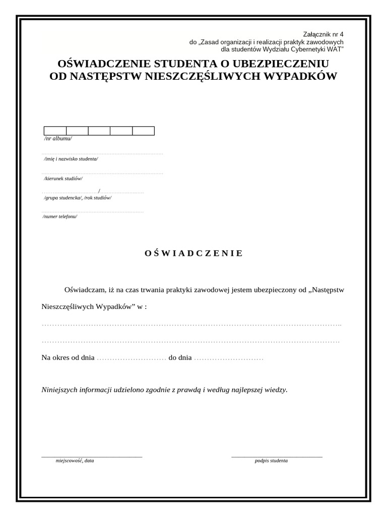 Zalacznik NR 4 Oswiadczenie Studenta o Ubezpieczeniu NNW | PDF