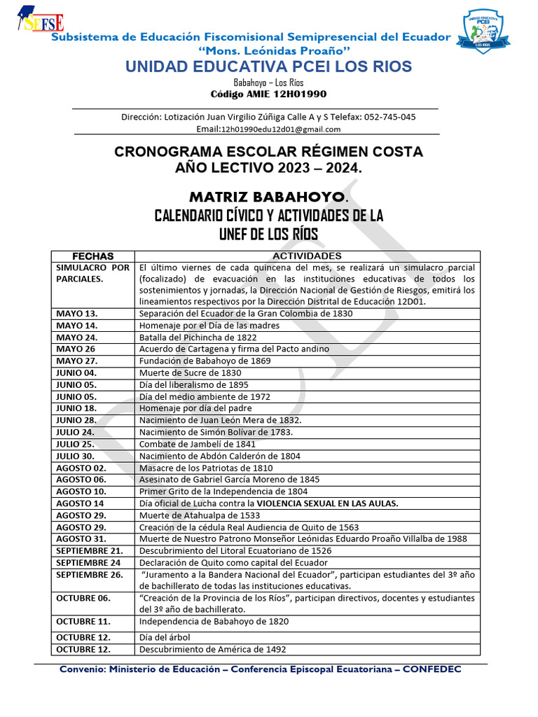 Calendario Cívico, Cronograma de Actividades, Asignaciones y Comisiones - Periodo Lectivo 2023 ...